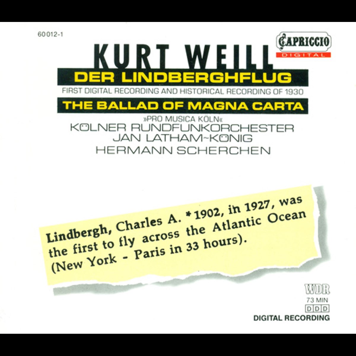 ‎Weill, K.: Lindberghflug (Der) [Opera] - Album by Cologne Pro Musica ...