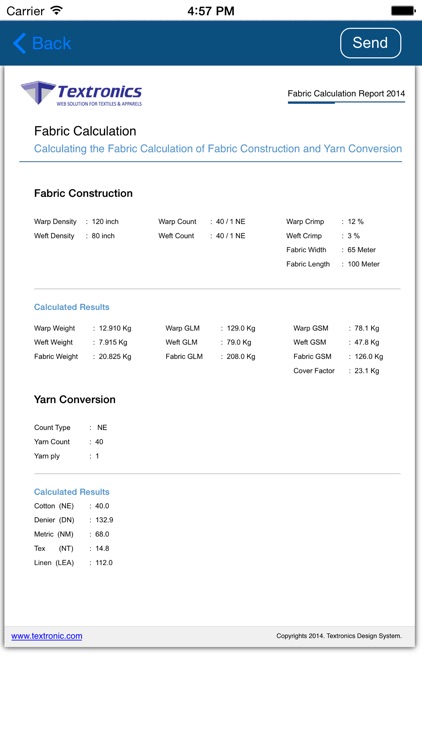 Fabric Calculator by Textronics Design Systems