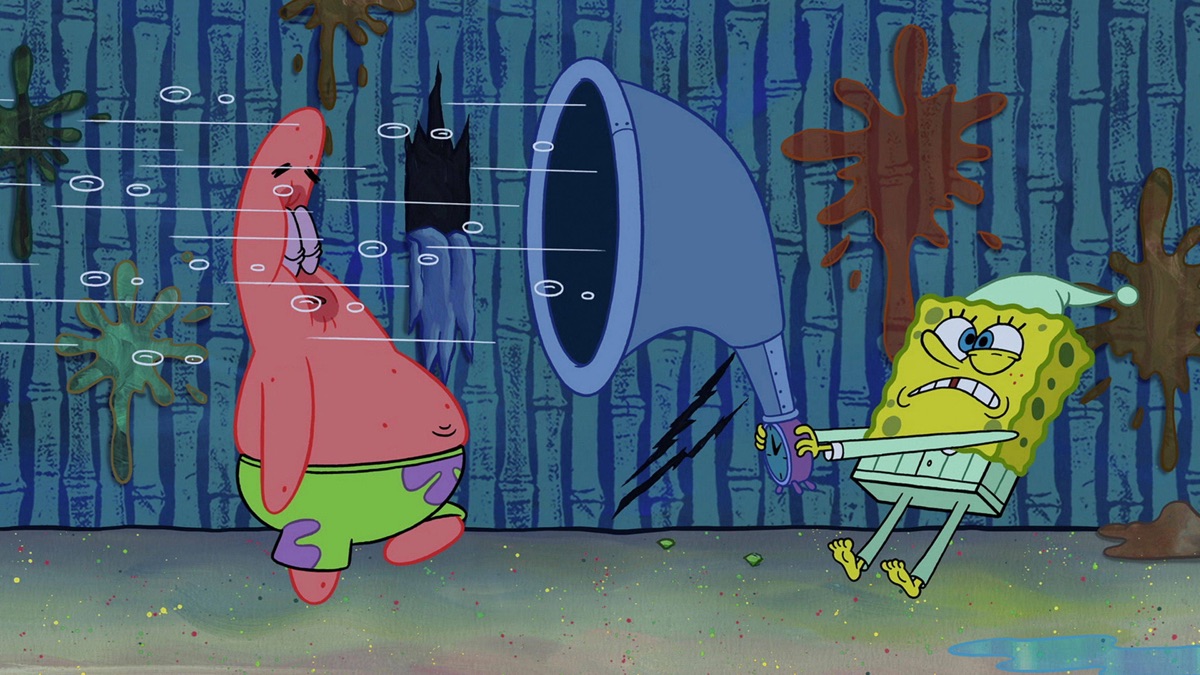 신발 끈이 묶이지 않은 스폰지밥 네모바지